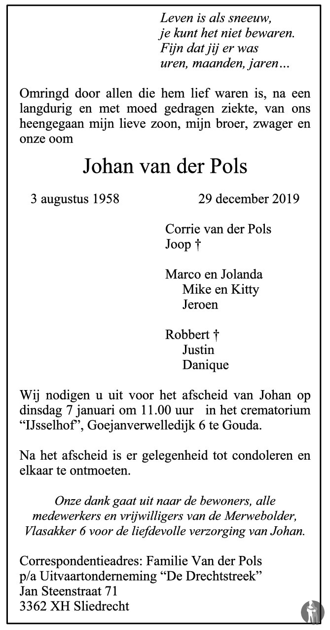 Johan van der Pols 29-12-2019 overlijdensbericht en condoleances ...