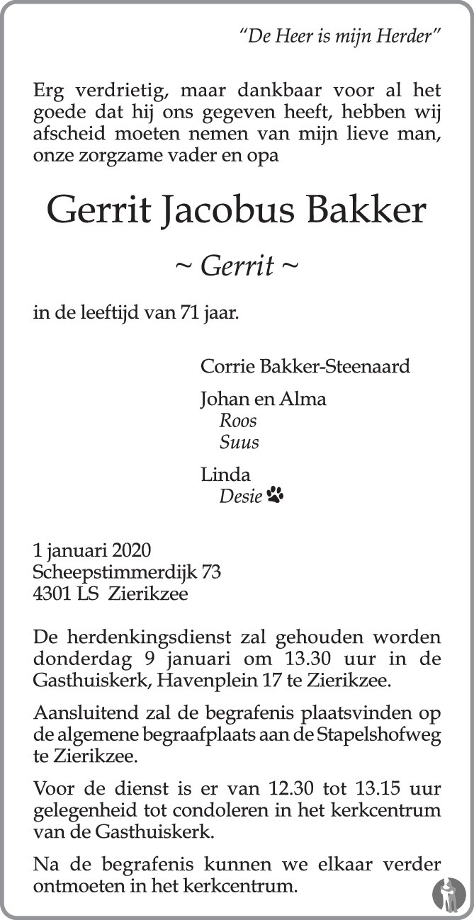 Gerrit Jacobus Bakker 01-01-2020 overlijdensbericht en condoleances ...