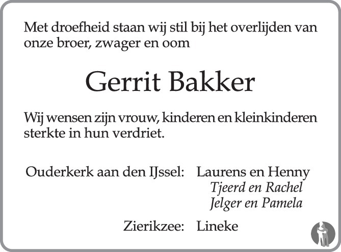 Gerrit Jacobus Bakker 01-01-2020 overlijdensbericht en condoleances ...