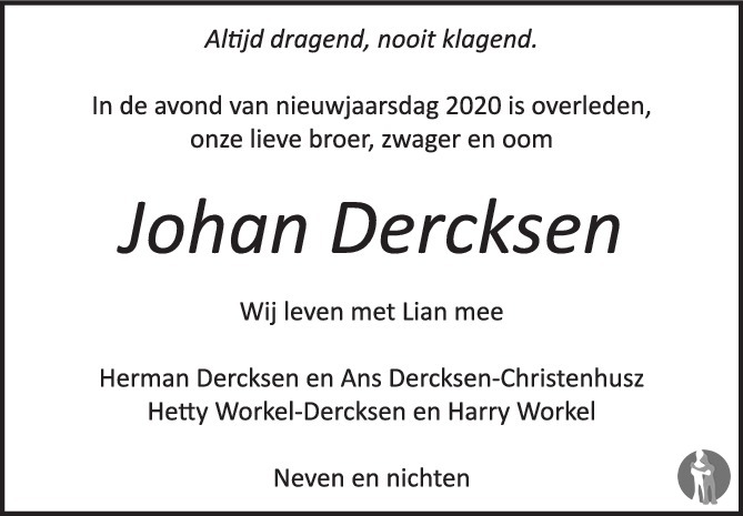 Johan Dercksen 01 01 2020 Overlijdensbericht En Condoleances Mensenlinq Nl