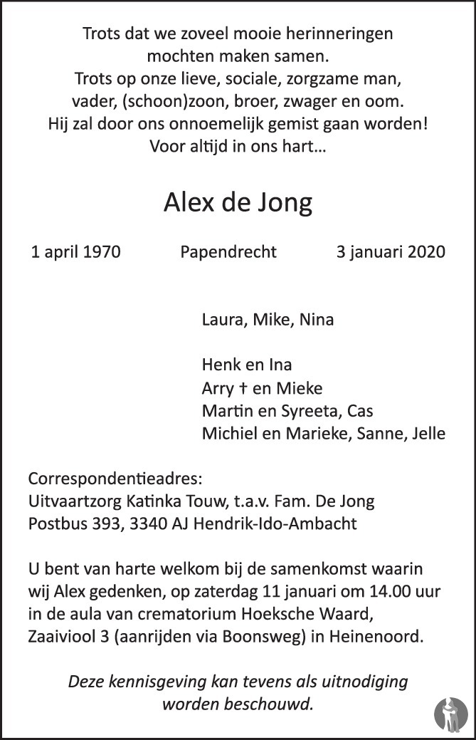 Alex de Jong 03-01-2020 overlijdensbericht en condoleances - Mensenlinq.nl