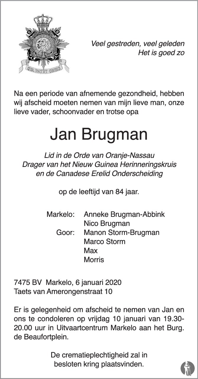 Jan Brugman 06-01-2020 overlijdensbericht en condoleances - Mensenlinq.nl