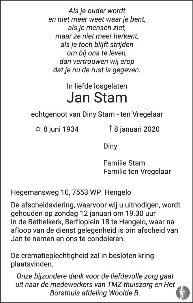Jan Stam 08-01-2020 overlijdensbericht en condoleances - Mensenlinq.nl