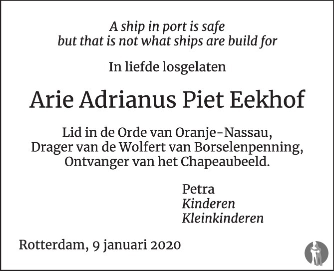 Arie Adrianus Piet Eekhof 09-01-2020 overlijdensbericht en condoleances ...