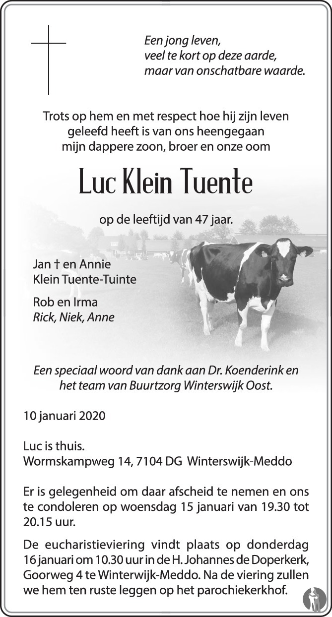 Luc Klein Tuente 10-01-2020 overlijdensbericht en condoleances ...