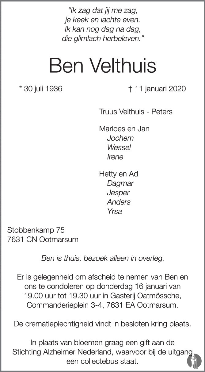 Ben Velthuis 11-01-2020 overlijdensbericht en condoleances - Mensenlinq.nl