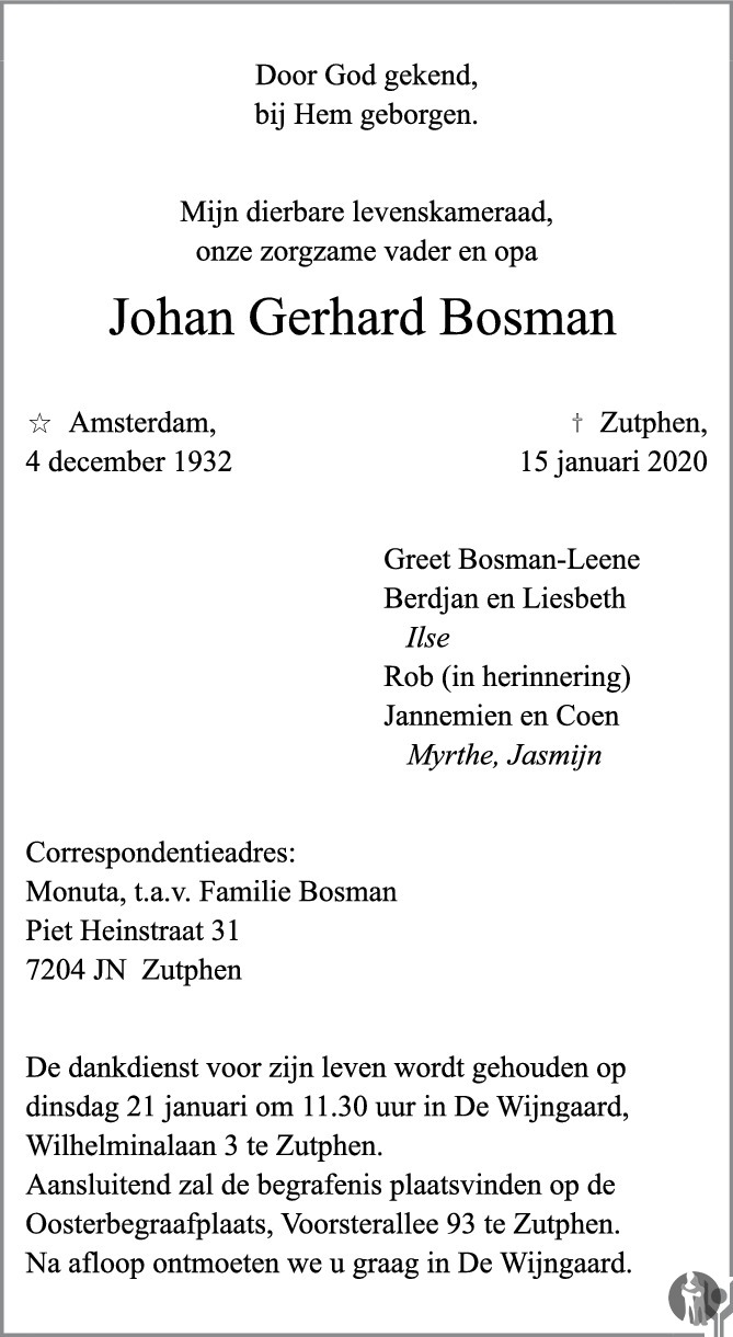 Johan Gerhard Bosman 15-01-2020 overlijdensbericht en condoleances ...
