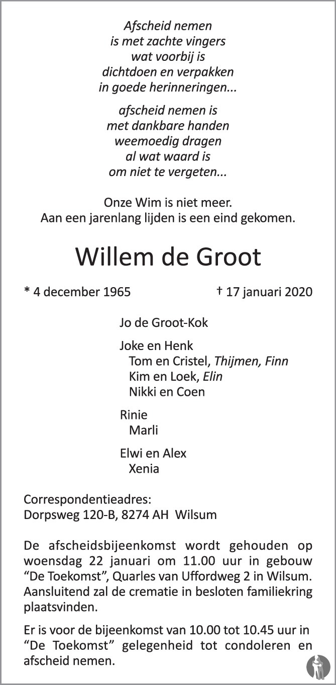 Willem de Groot 17-01-2020 overlijdensbericht en condoleances ...