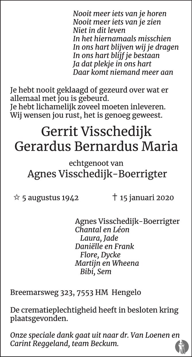 Gerardus Bernardus Maria (Gerrit) Visschedijk 15-01-2020 overlijdensbericht en condoleances ...