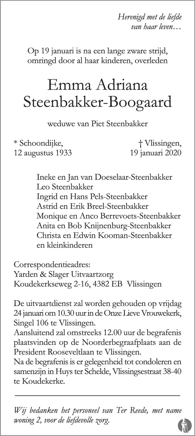 Emma Adriana Steenbakker-Boogaard 19-01-2020 overlijdensbericht en ...