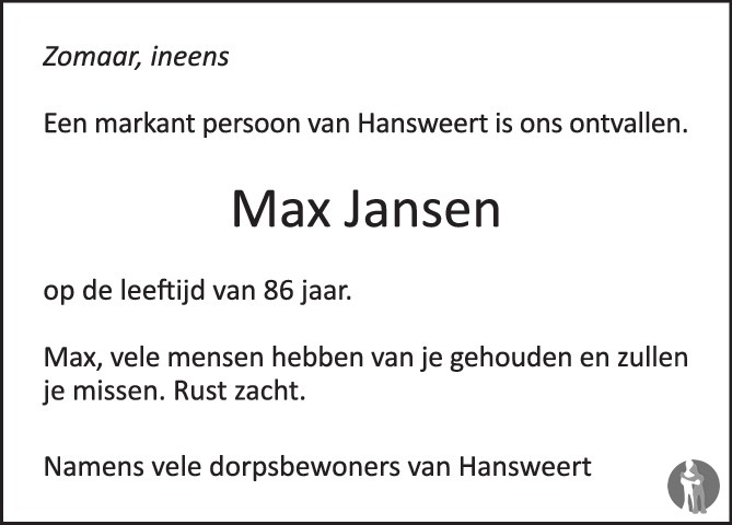 Max Jansen 15-01-2020 overlijdensbericht en condoleances - Mensenlinq.nl