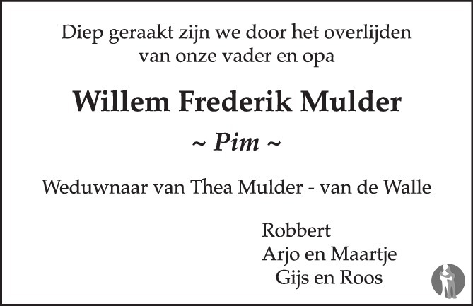 Willem Frederik (Pim) Mulder 17-01-2020 overlijdensbericht en ...