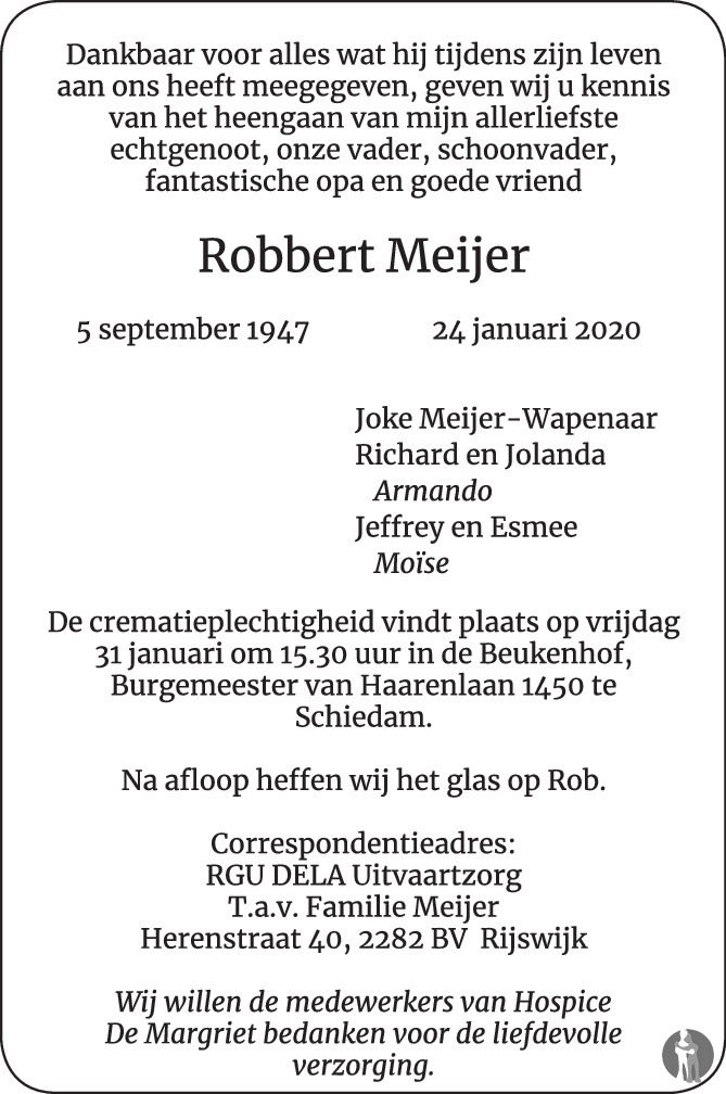 Robbert Meijer 24-01-2020 overlijdensbericht en condoleances ...