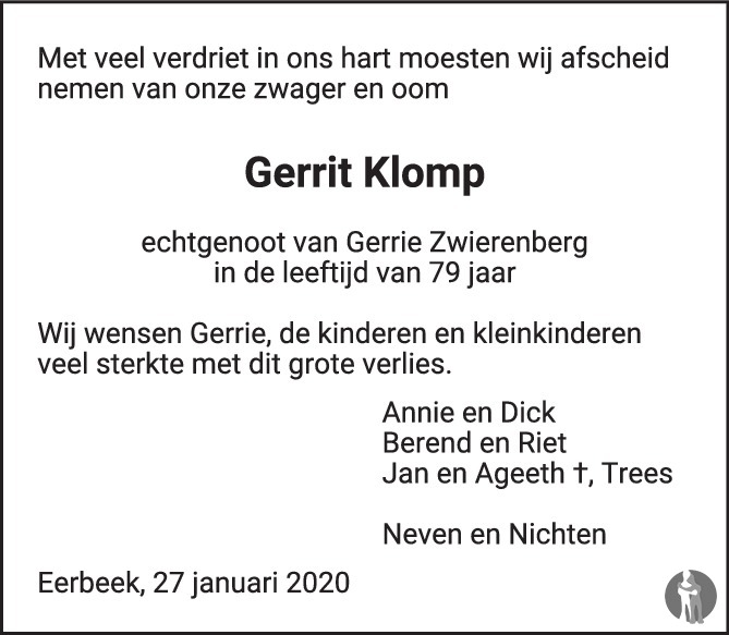 Gerrit Klomp 27-01-2020 overlijdensbericht en condoleances - Mensenlinq.nl