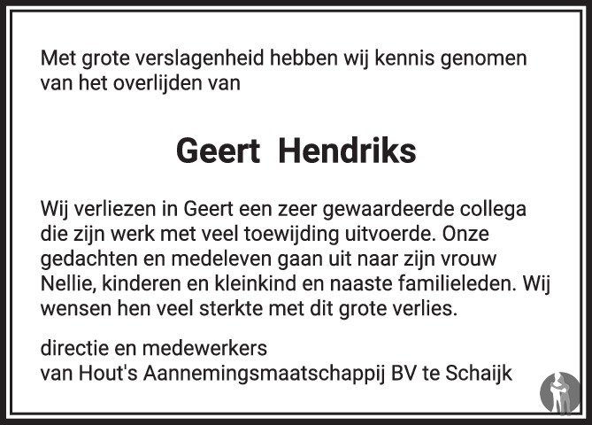 Geert Hendriks 03-02-2020 overlijdensbericht en condoleances ...