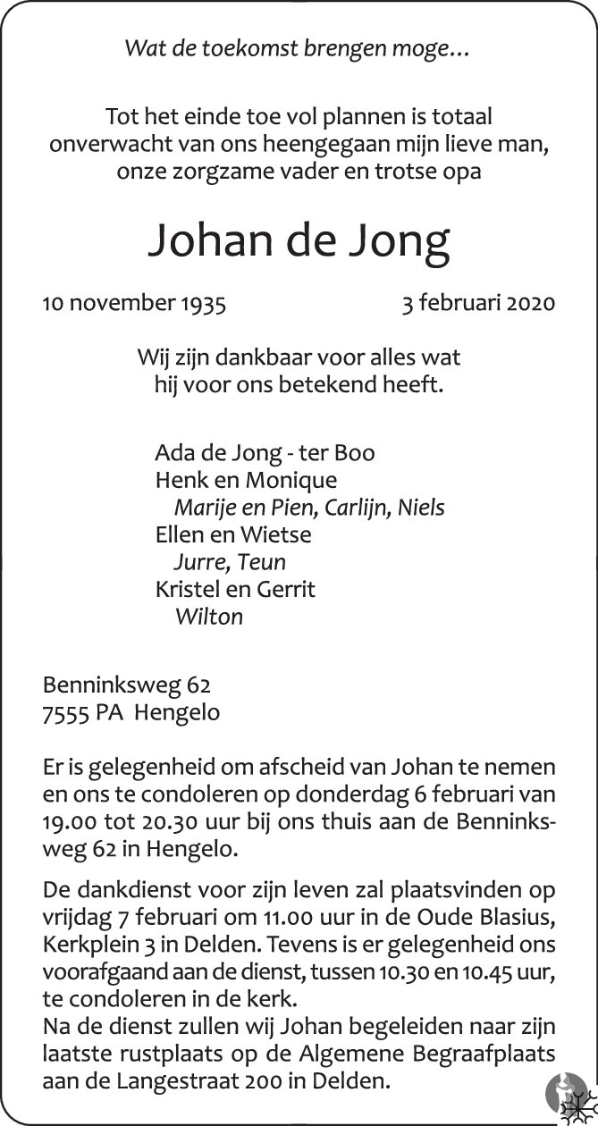 Johan de Jong 03-02-2020 overlijdensbericht en condoleances - Mensenlinq.nl