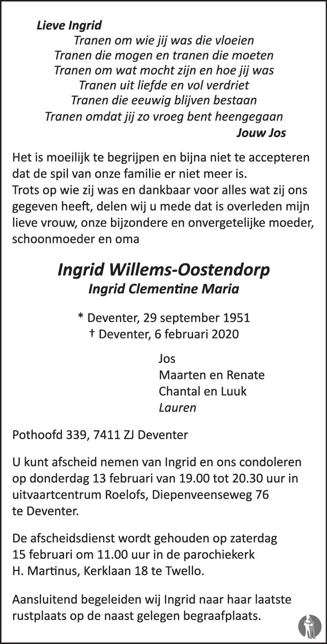 Ingrid (Ingrid Clementine Maria) Willems-Oostendorp 06-02-2020 ...