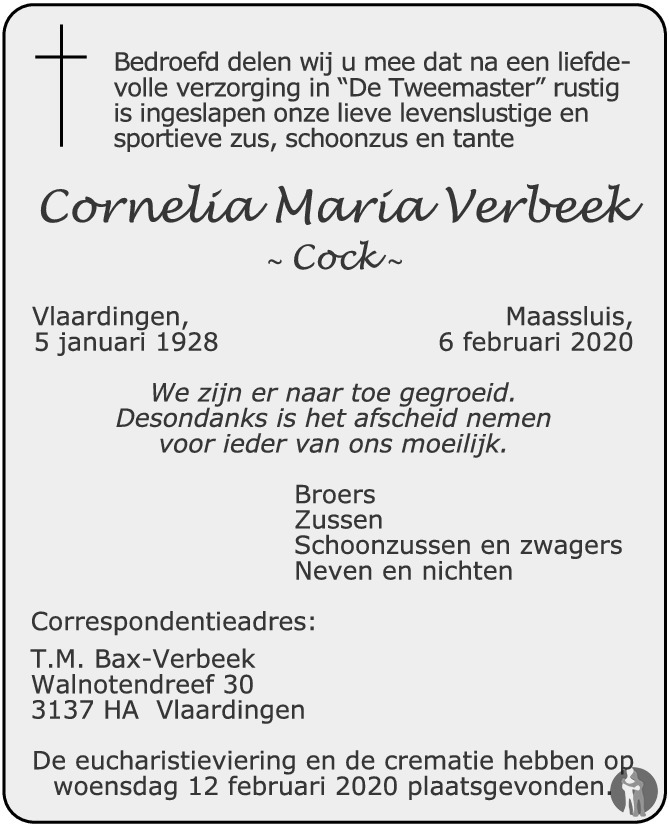 Cornelia Maria (Cock) Verbeek 06-02-2020 overlijdensbericht en ...