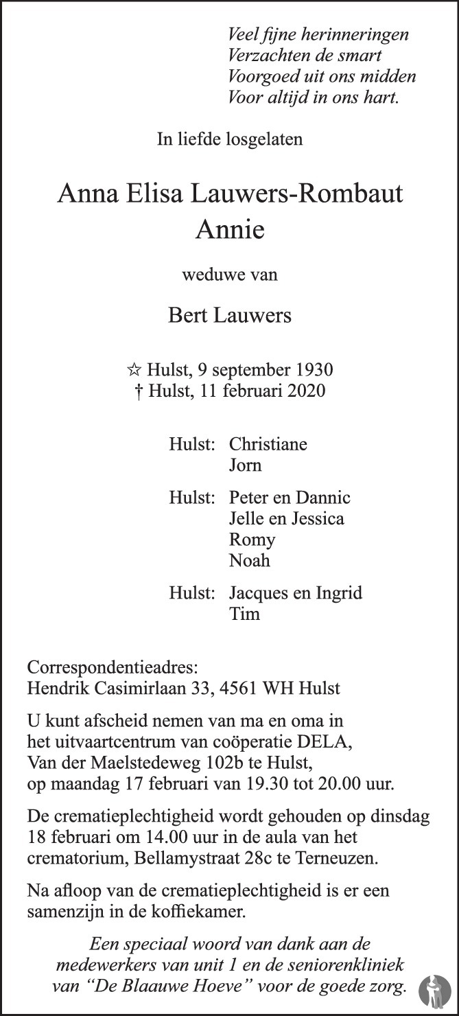 Anna Elisa Annie Lauwers Rombaut 11 02 2020 Overlijdensbericht En Condoleances Mensenlinqnl