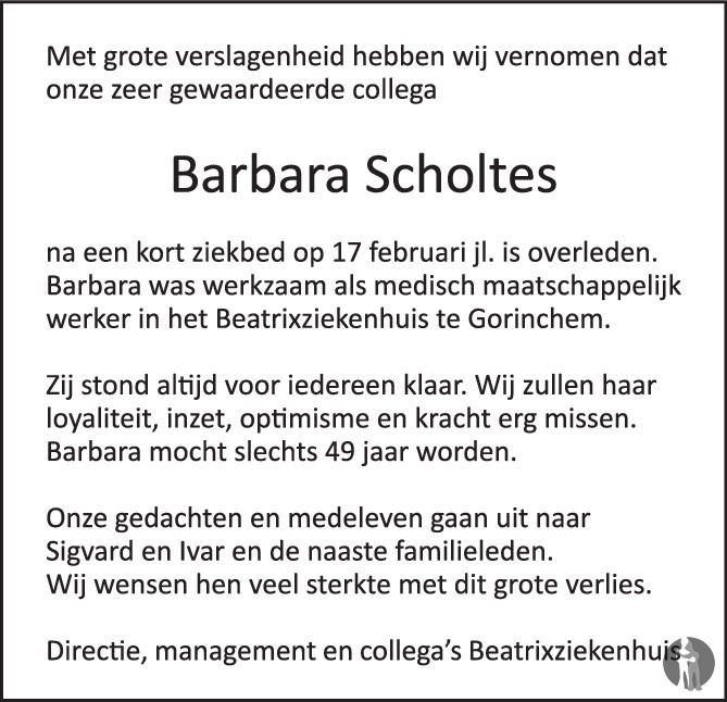 Barbara Scholtes 17-02-2020 overlijdensbericht en condoleances ...