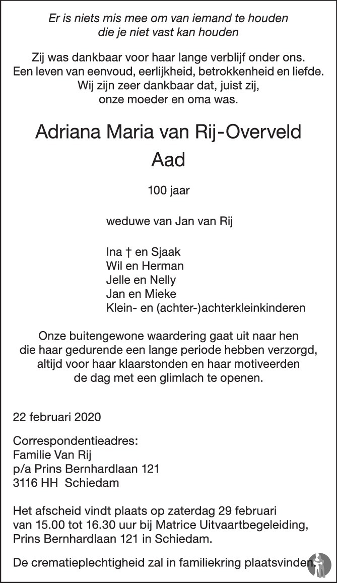 Adriana Maria (Aad) van Rij-Overveld 22-02-2020 overlijdensbericht en ...