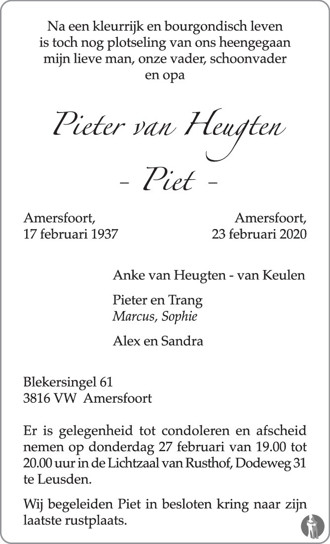 Pieter Piet Van Heugten 23 02 2020 Overlijdensbericht En Condoleances Mensenlinqnl