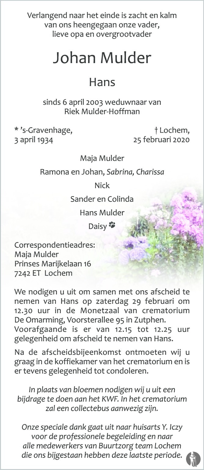 Johan (Hans) Mulder 25-02-2020 overlijdensbericht en condoleances ...