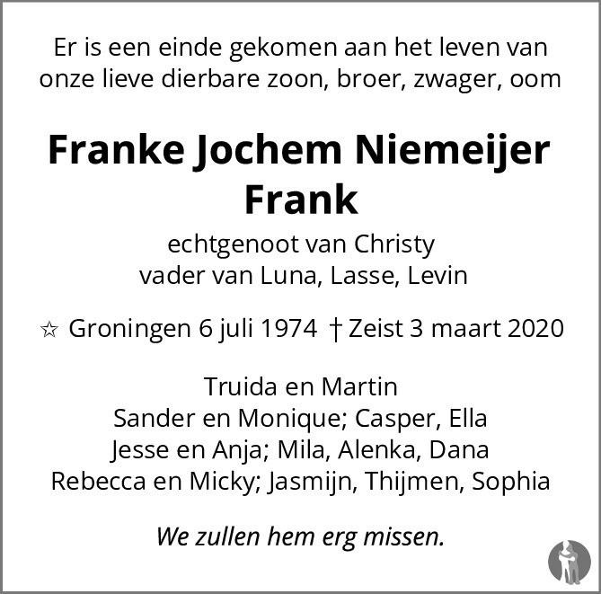 Franke Jochem (Frank) Niemeijer 03-03-2020 overlijdensbericht en ...