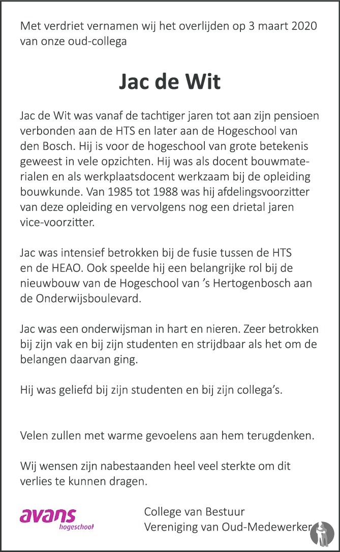 Jac de Wit 03-03-2020 overlijdensbericht en condoleances - Mensenlinq.nl