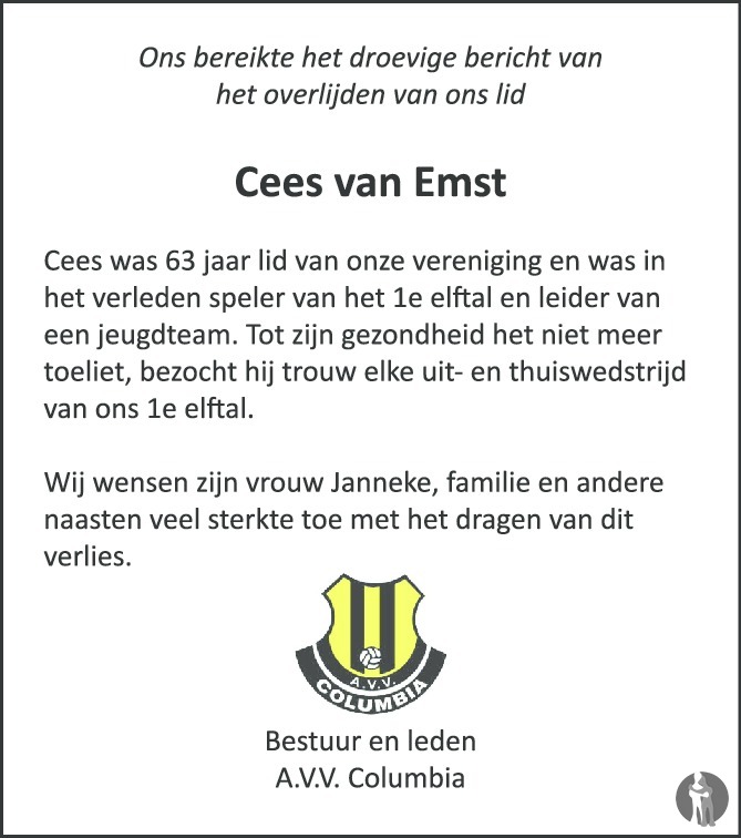 Cornelis Jacobus (Cees) van Emst 08-03-2020 overlijdensbericht en ...