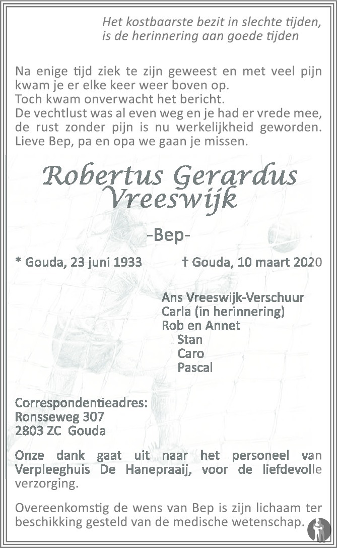Robertus Gerardus Vreeswijk 10-03-2020 overlijdensbericht en ...