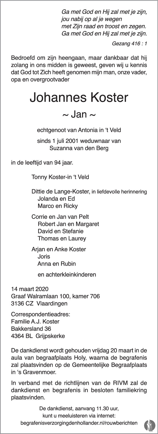 Johannes (Jan) Koster 14-03-2020 overlijdensbericht en condoleances ...