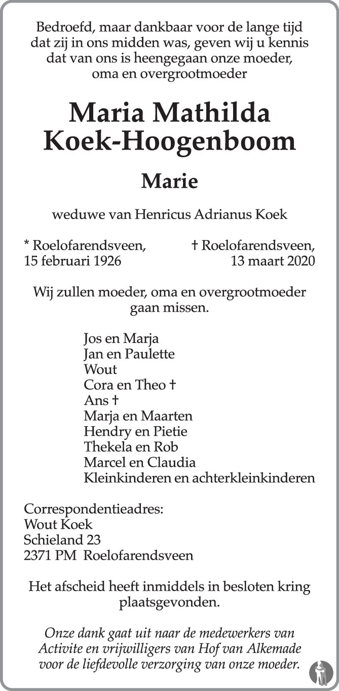 Maria Mathilda (Marie) Koek-Hoogenboom 13-03-2020 overlijdensbericht en ...