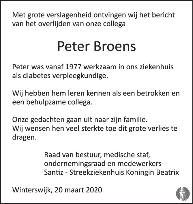 Peter Broens 16-03-2020 overlijdensbericht en condoleances - Mensenlinq.nl