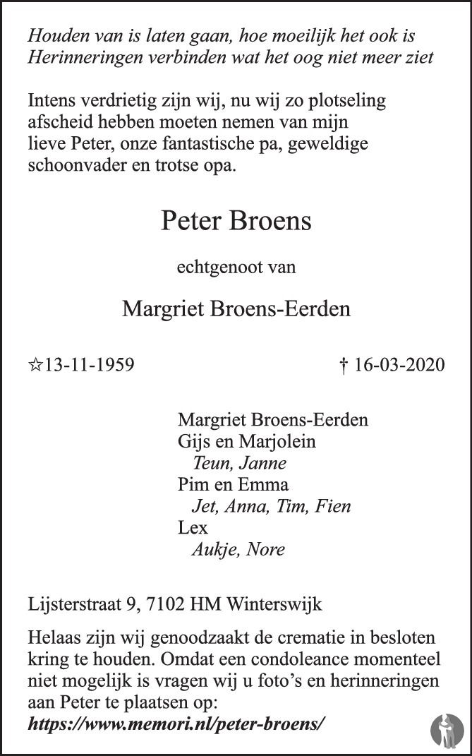 Peter Broens 16-03-2020 overlijdensbericht en condoleances - Mensenlinq.nl