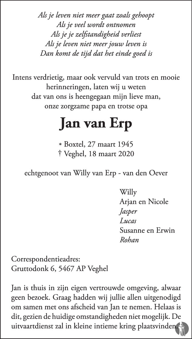 Jan van Erp 18-03-2020 overlijdensbericht en condoleances - Mensenlinq.nl