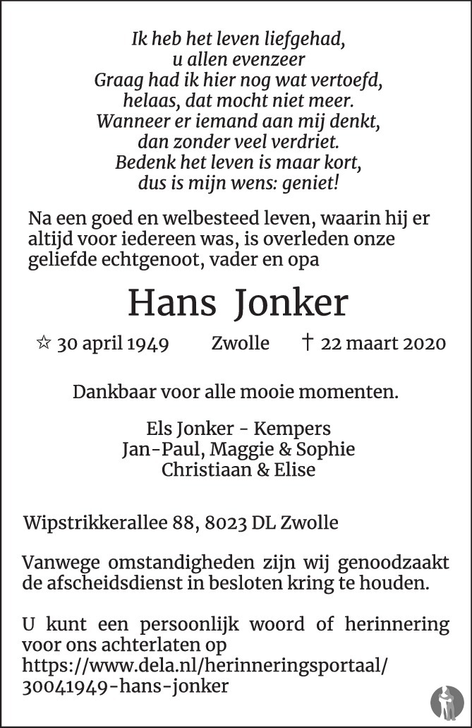 Hans Jonker 22-03-2020 overlijdensbericht en condoleances - Mensenlinq.nl