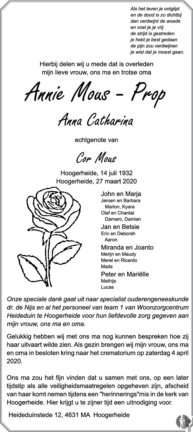 Annie (Anna Catharina) Mous-Prop 27-03-2020 overlijdensbericht en ...