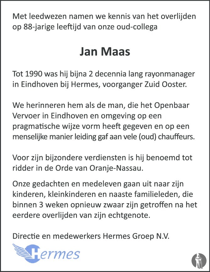 Jan Maas 27-03-2020 overlijdensbericht en condoleances - Mensenlinq.nl