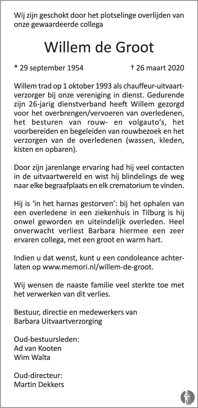 Willem de Groot 26-03-2020 overlijdensbericht en condoleances ...