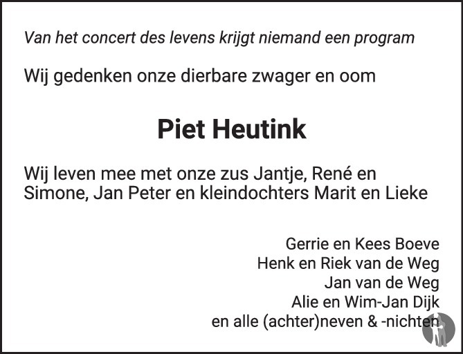 Peter (Piet) Heutink 29-03-2020 overlijdensbericht en condoleances ...
