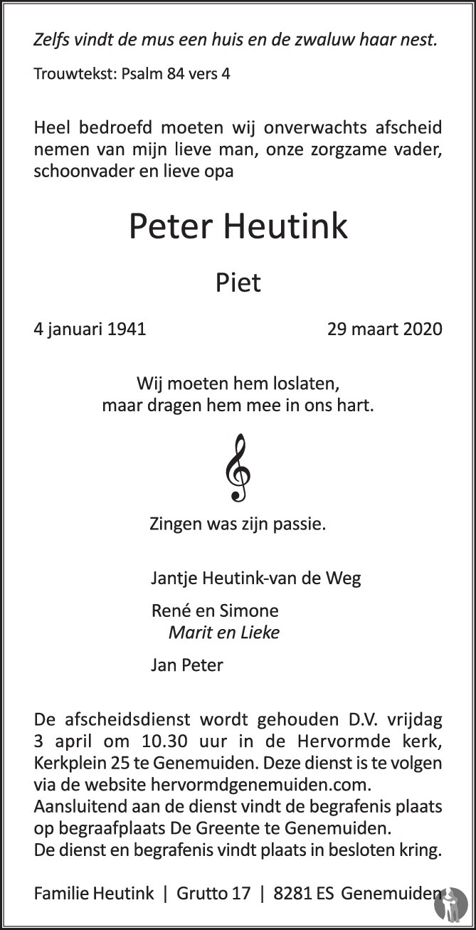 Peter (Piet) Heutink 29-03-2020 overlijdensbericht en condoleances ...