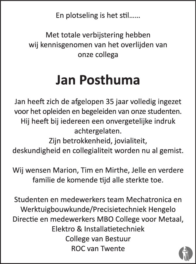 Jan Posthuma 01-04-2020 overlijdensbericht en condoleances - Mensenlinq.nl