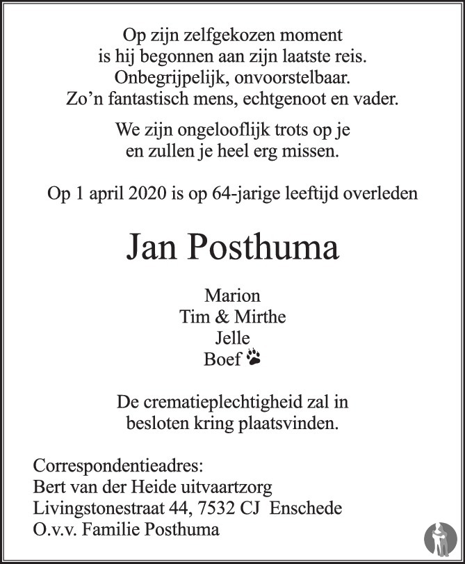 Jan Posthuma 01-04-2020 overlijdensbericht en condoleances - Mensenlinq.nl