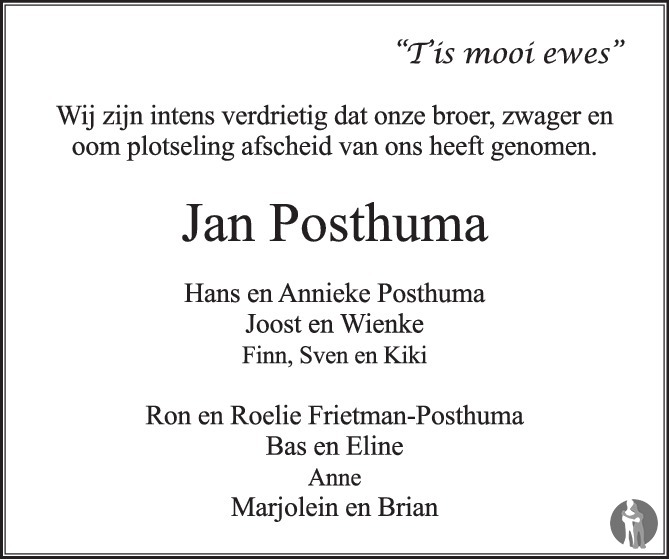 Jan Posthuma 01-04-2020 overlijdensbericht en condoleances - Mensenlinq.nl