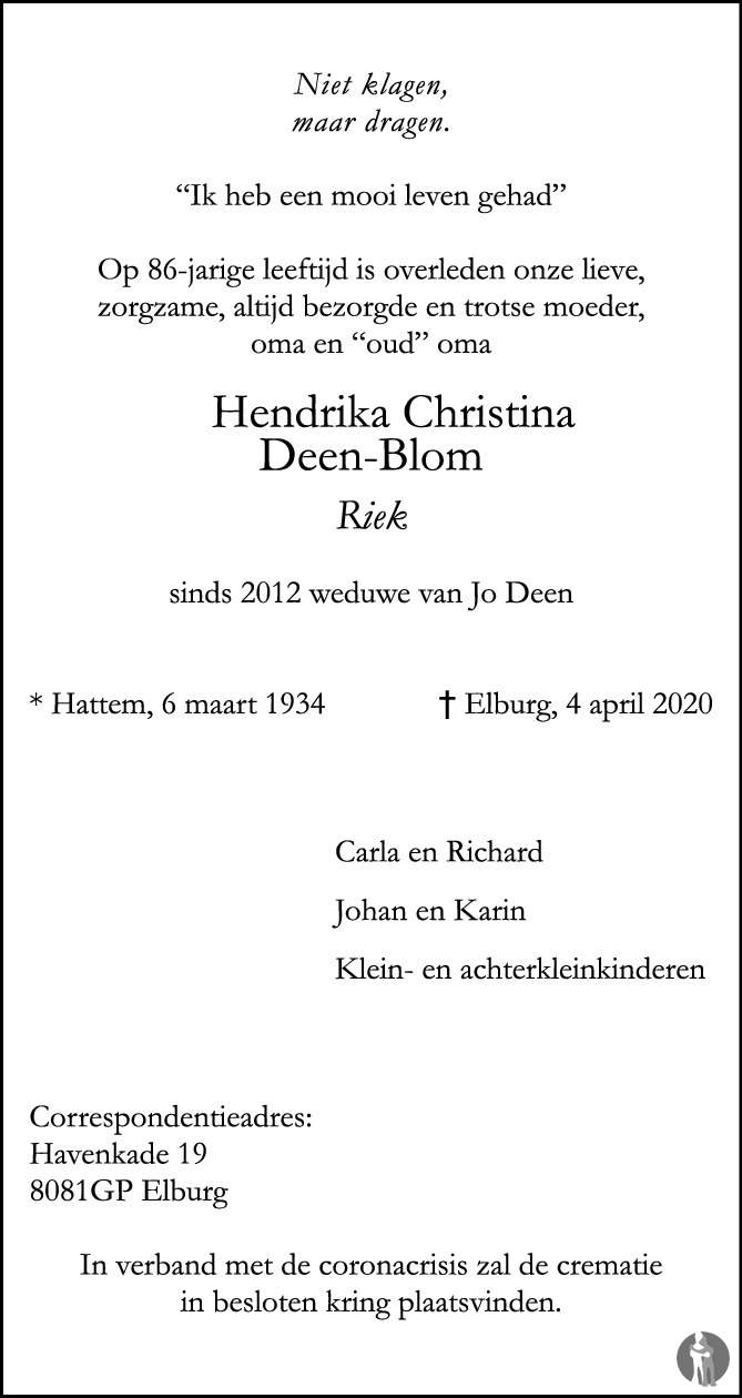 Hendrika Christina (Riek) Deen-Blom 04-04-2020 overlijdensbericht en ...
