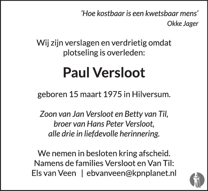 Paul Versloot 06 04 2020 Overlijdensbericht En Condoleances Mensenlinqnl