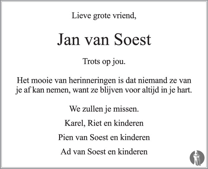Jan van Soest 10-04-2020 overlijdensbericht en condoleances - Mensenlinq.nl