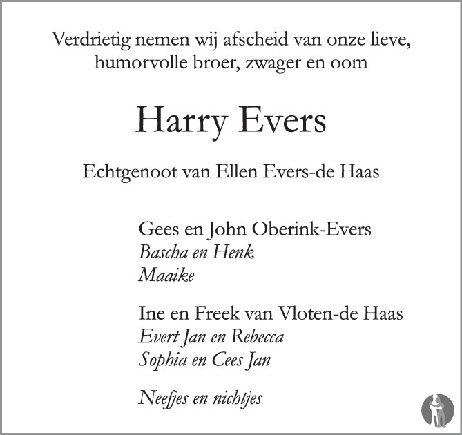 Albertus Johannes (Harry) Evers 14-04-2020 overlijdensbericht en ...