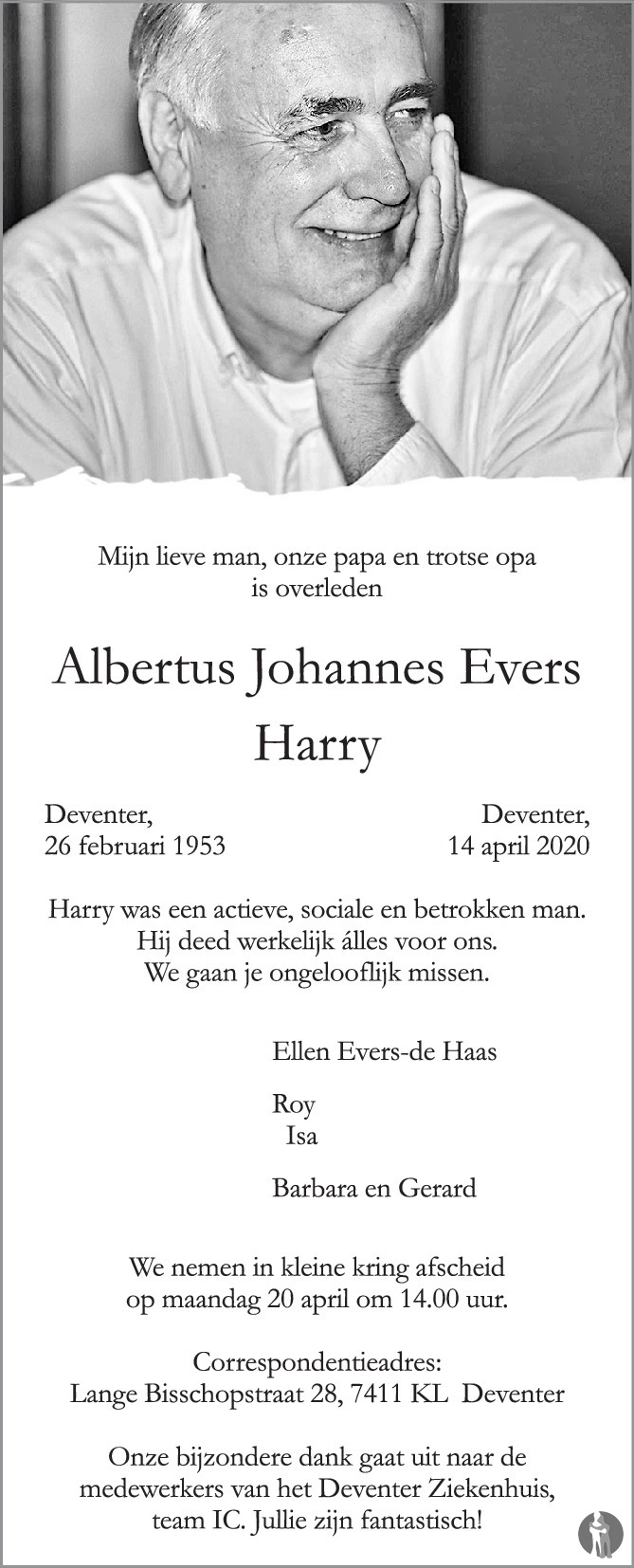 Albertus Johannes (Harry) Evers 14-04-2020 overlijdensbericht en ...